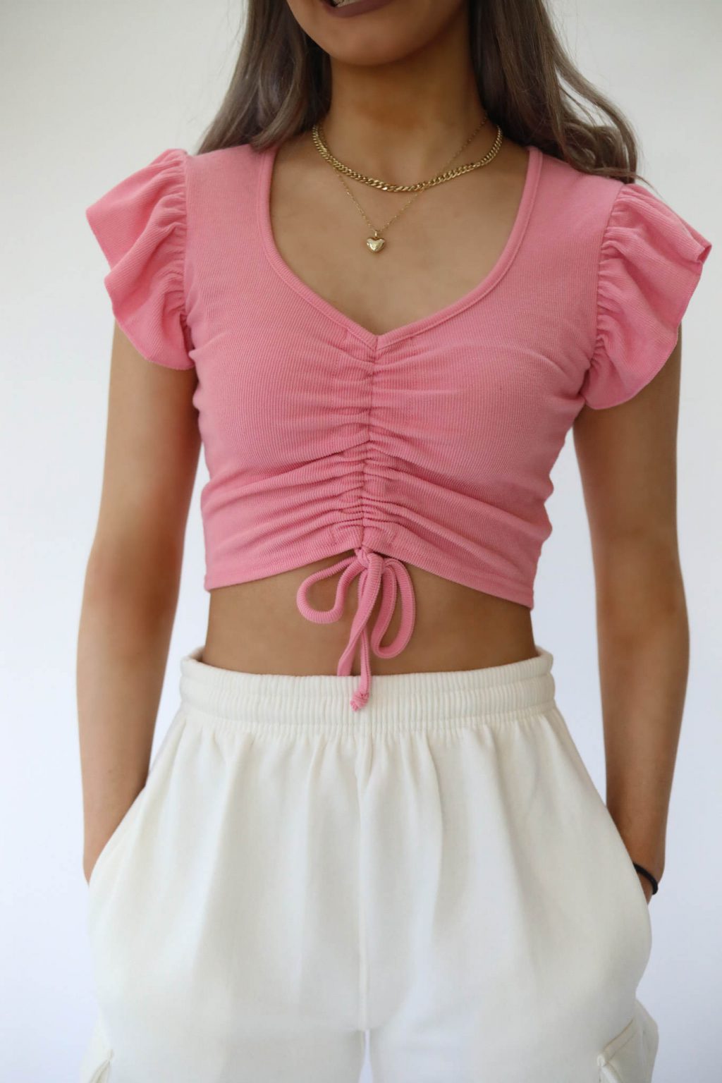 V Neck Ruched Crop Top – Pink – Niamhy Clothing